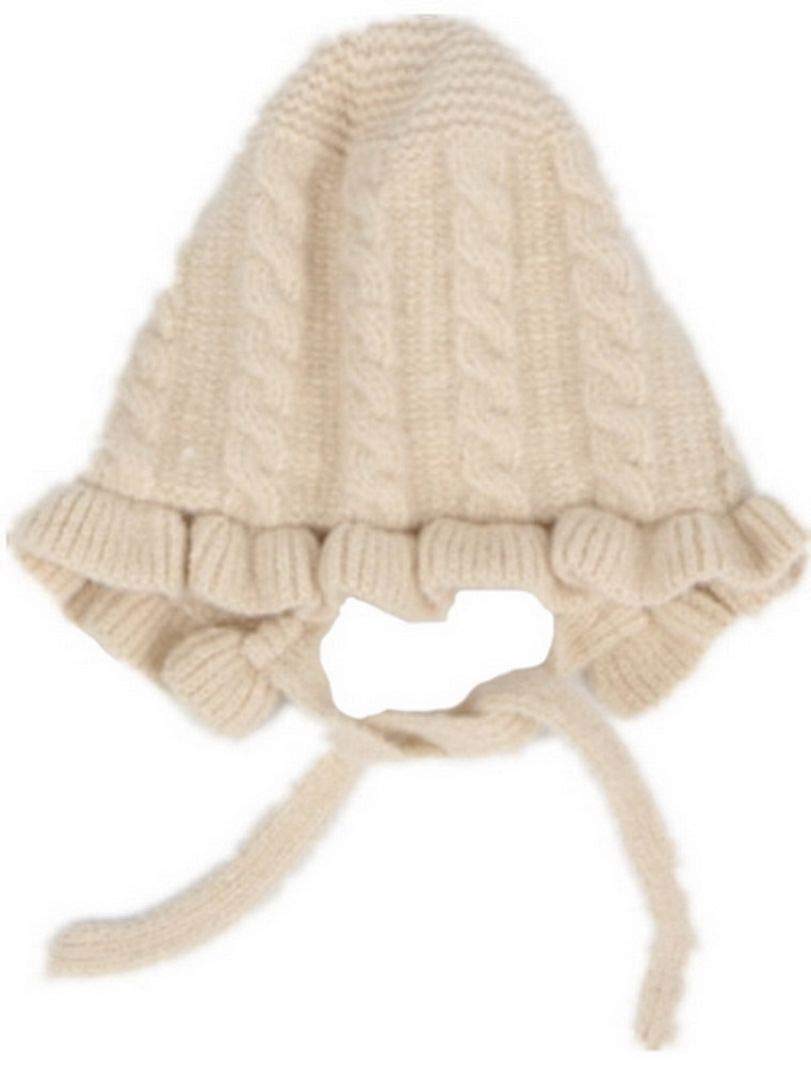 Baby Girl Earflap Bonnet Cap Infant Toddler Ruffle Knit Beanie Pilot Hat Beige