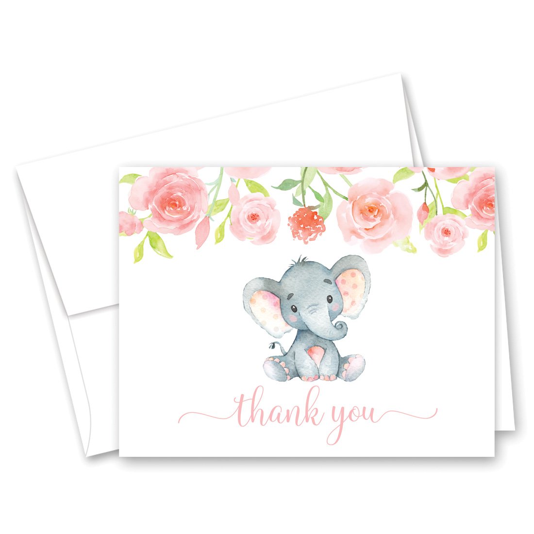 50 Pink Watercolor Floral Elephant Baby Shower Thank You Cards + Envelopes