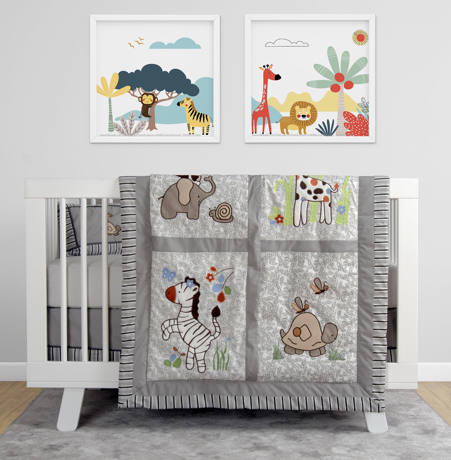 BabyFad Jungle Grey with Elephant, Giraffe, Zebra and Turtle with Musical Mobile Nursery for Boys and Girls, 9 Piece Baby Crib Bedding Set 100% Cotton