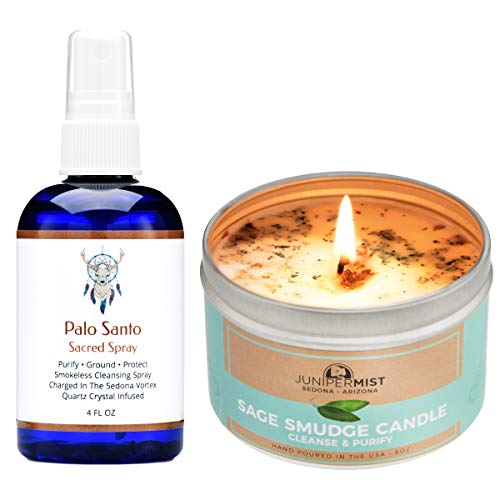 Palo Santo Smudge Spray + Sage Smudge Candle Bundle for Cleansing Negative Energy by JUNIPERMIST