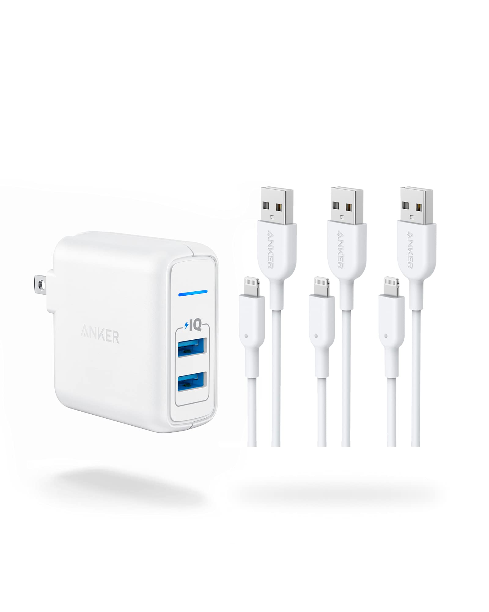 Anker Elite Dual Port 24W Wall Charger & Powerline II Lightning Cable (3 Pack), Compatible with iPhone SE 11 11 Pro 11 Pro Max Xs Max XR X, iPad, and More