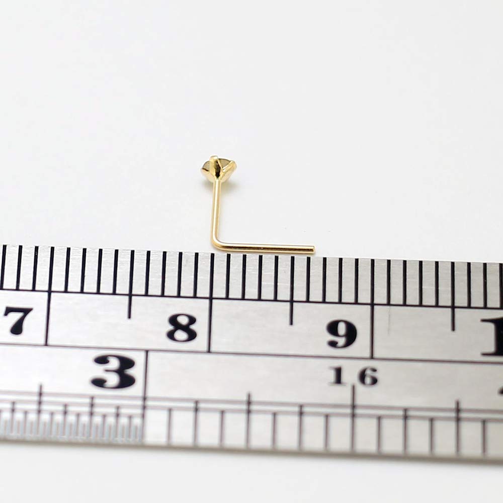 14K Yellow Gold Claw Set 2.5MM Clear Round Crystal Stone 22 Gauge L Shape Nose Stud Piercing Jewelry