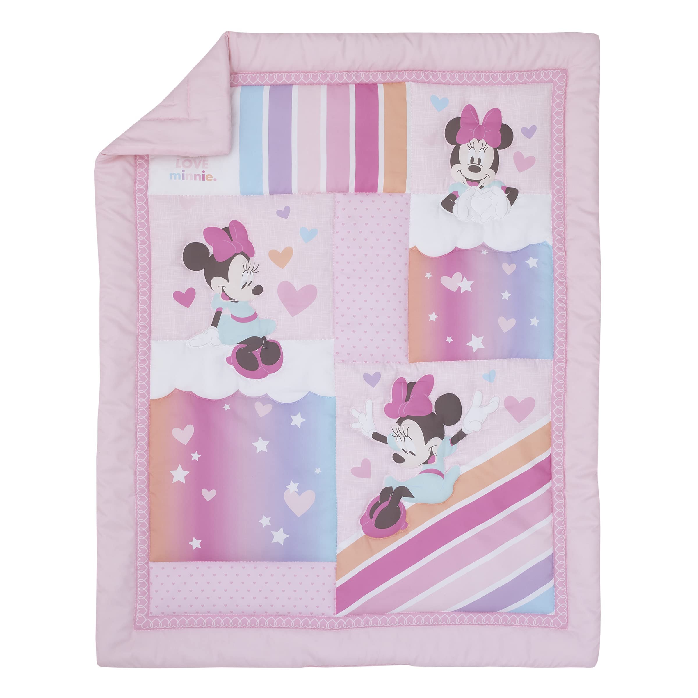 Disney Minnie Mouse Be Happy Pink, Lavender, Aqua and Orange 3 Piece Crib Bedding Set - Comforter, Fitted Crib Sheet and Bed Skirt