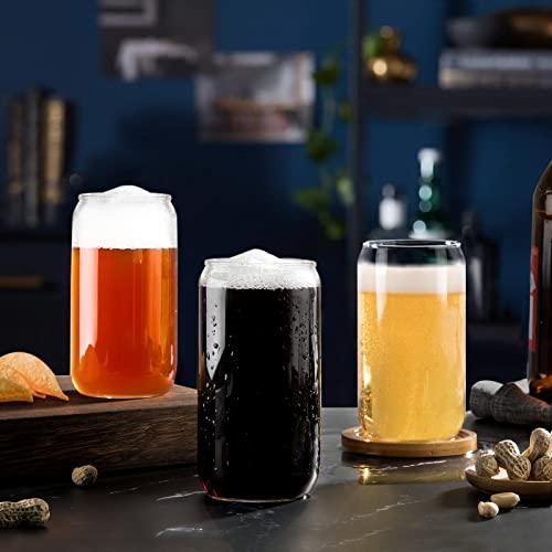 8 Pcs Drinking Glasses with Bamboo Lids and Glass Straw - 16 Oz Can Shaped Glass Cups Beer Glasses Ice Coffee Glasses Cute Tumbler Cup Great for Soda Boba Tea Cocktail Include 2 Cleaning Brushes