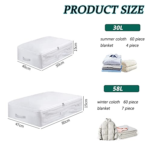 2-Pack Under Bed Storage Containers 58L Foldable PVC Bag Large Capacity Storage Containers with Strong Zipper, 3 Reinforced Handles, Low Profile Underbed Storage Bins for Clothes, Blankets, Shoes