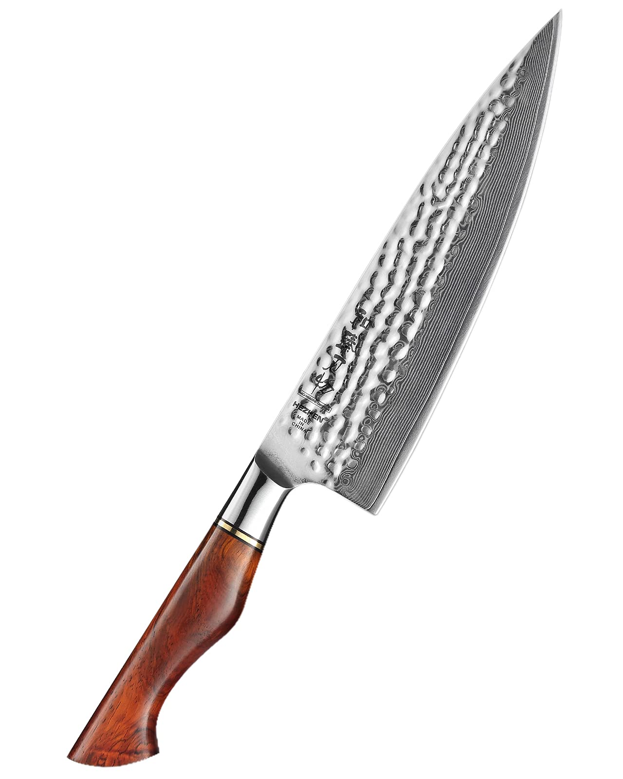 HEZHEN 8.3 Inches Damascus Chef Knife, Damascus Steel Powder Steel Kitchen KnifeHammered Pattern,Natural Rosewood Handle