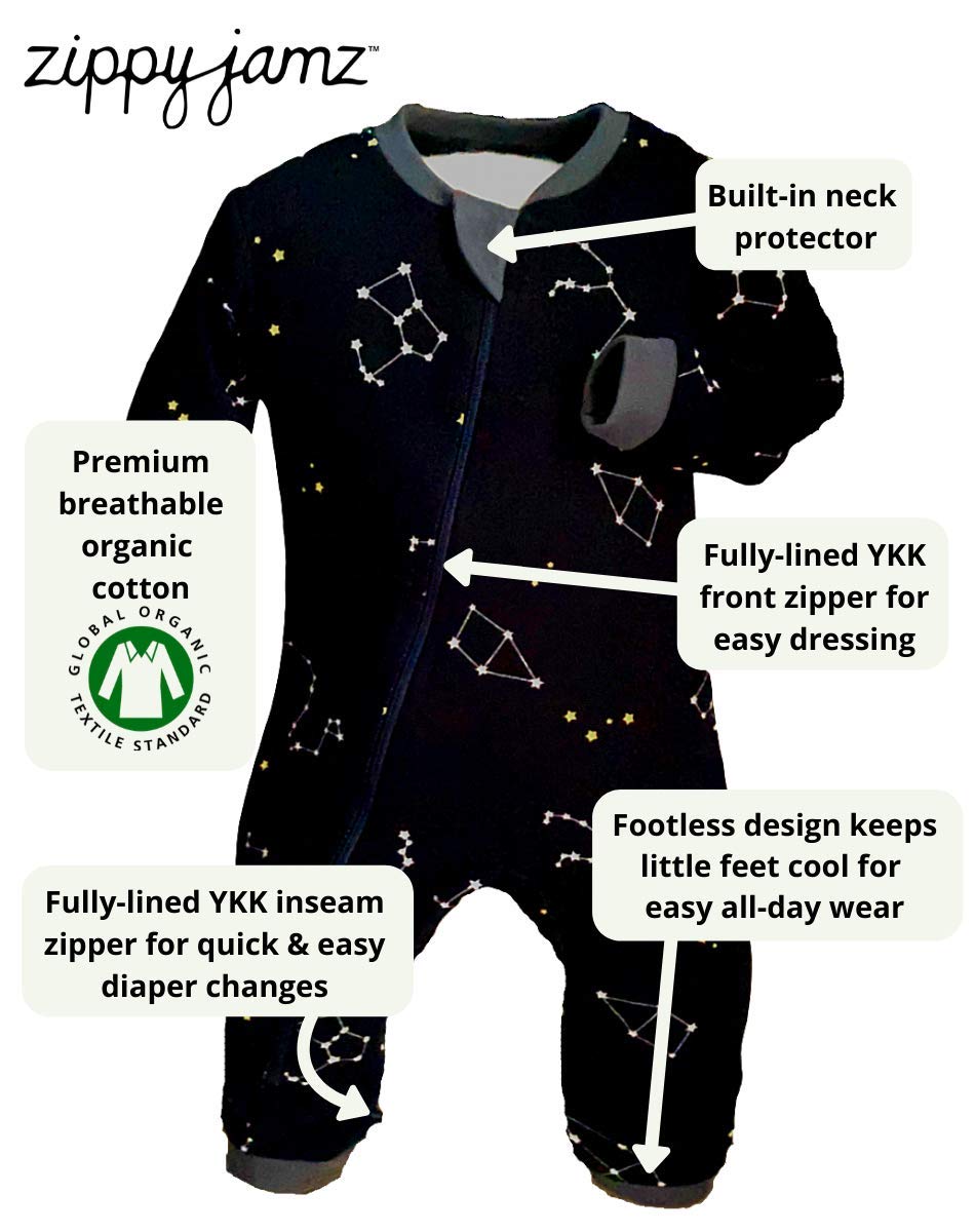 zippyjamz Organic Baby Footless Sleeper Pajamas with Inseam Zipper for Quicker and Easier Diaper Changes (Galaxy Love - Navy, 18-24 Months)