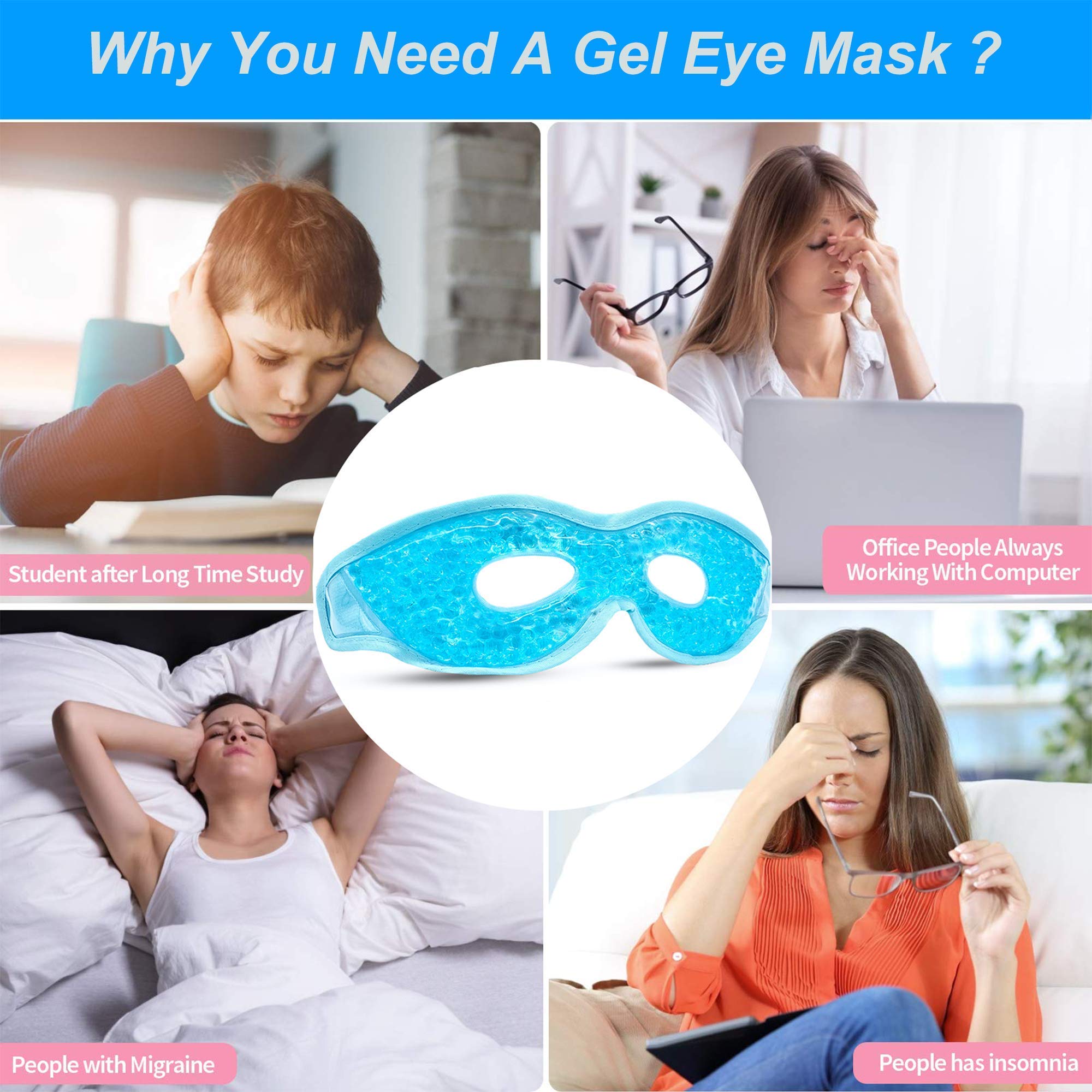 2PCS Gel Eye Mask, Reusable Hot Cold Therapy Eye Mask for Puffiness /Dark Circles/Eye Bags /Dry Eyes/Headaches/Migraines/Stress Relief, Cooling and Compress Eye Mask (Blue)