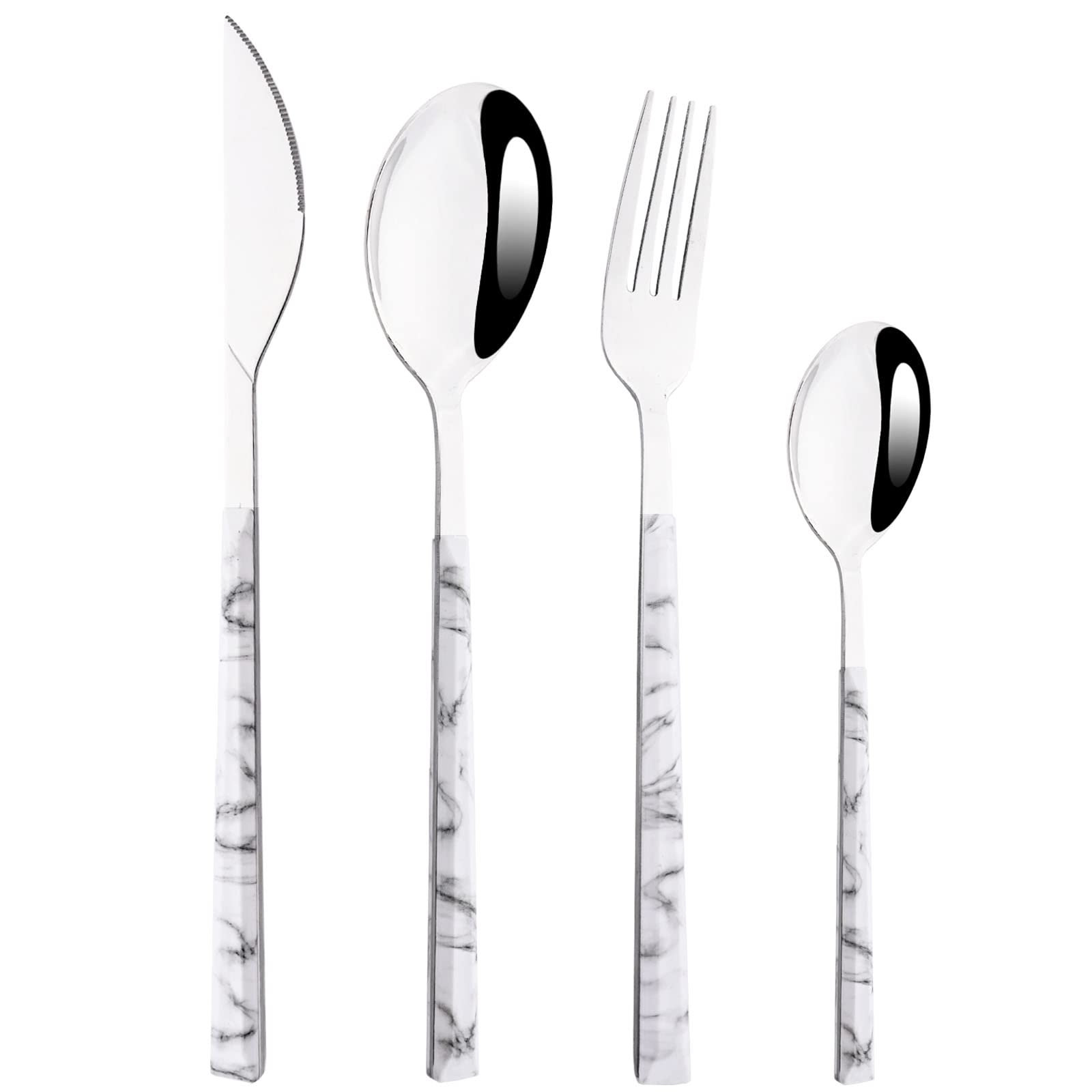 BRIIEC 24Pcs White Imitation Marble Pattern Handle Flatware Silverware Set, Stainless Steel Cutlery Set for 6, Square Handle Eating Utensils, Mirror Polished for Home Kitchen Bar Restaurant
