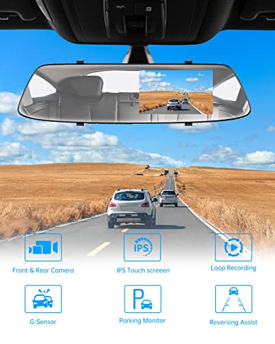 1080P Mirror Dash Cam 4.3in Touch Screen, Front and Dash Waterproof Backup Camera Rear View Camera, Parking Assistance, Loop Recording, G-Sensor, Monitor, Free 64GB Memory Card