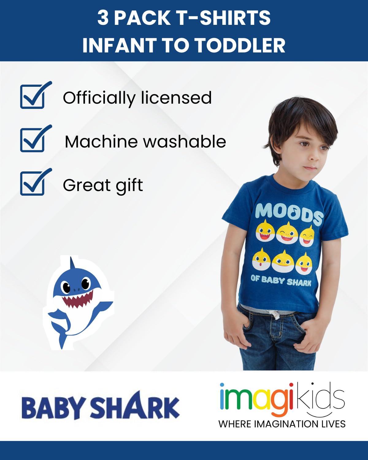 Pinkfong Baby Shark Daddy Shark Mommy Shark Infant Baby Boys 3 Pack Graphic T-Shirts Blue/Grey 24 Months