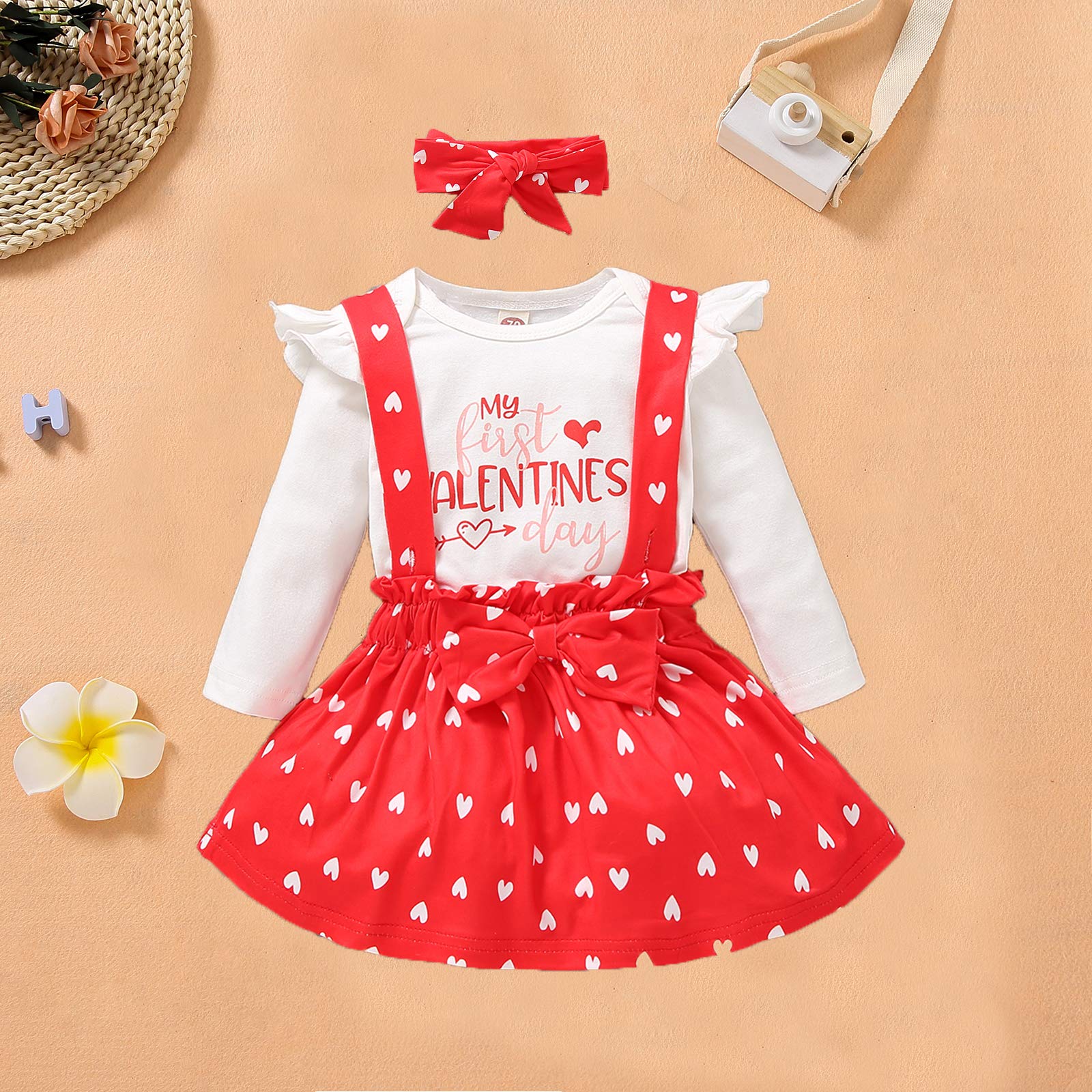 Baby Girls My First Valentine's Day Outfit Ruffles Long Sleeve Romper + Heart Suspenders Skirt Set(White, 6-9Months)