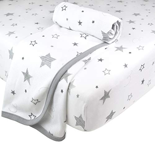 American Baby Company New Baby Welcome Kit with Thermal Cotton Swaddle Blanket & Fitted Crib Sheet, Super Stars, for Boys and Girls