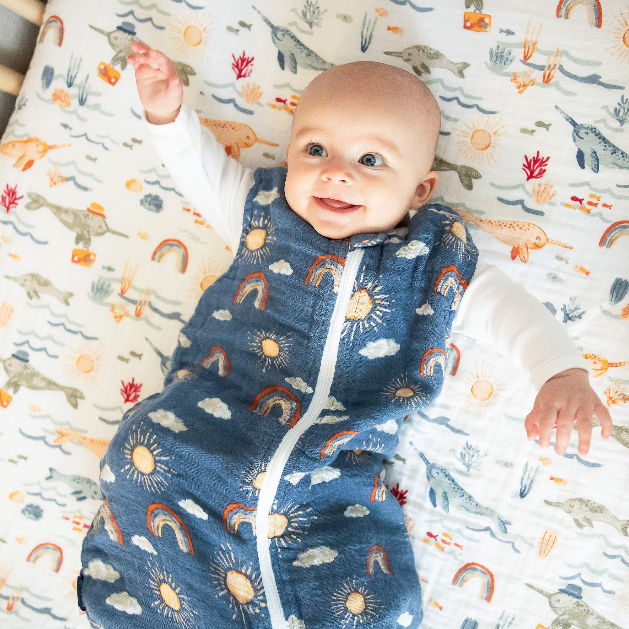 Bebe au Lait Classic Muslin Crib Sheet, 100% Cotton Muslin, Fits Standard Crib Mattress - Narwhal