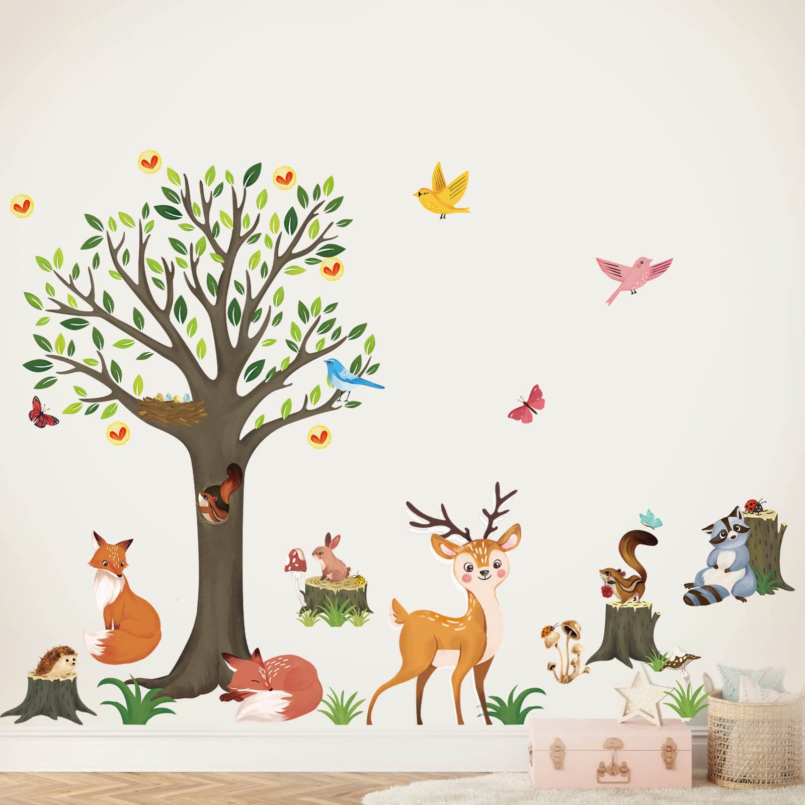 decalmile Animal Forest Tree Wall Stickers Fox Bird Deer Wall Decoration Bedroom Kids Baby Nursery