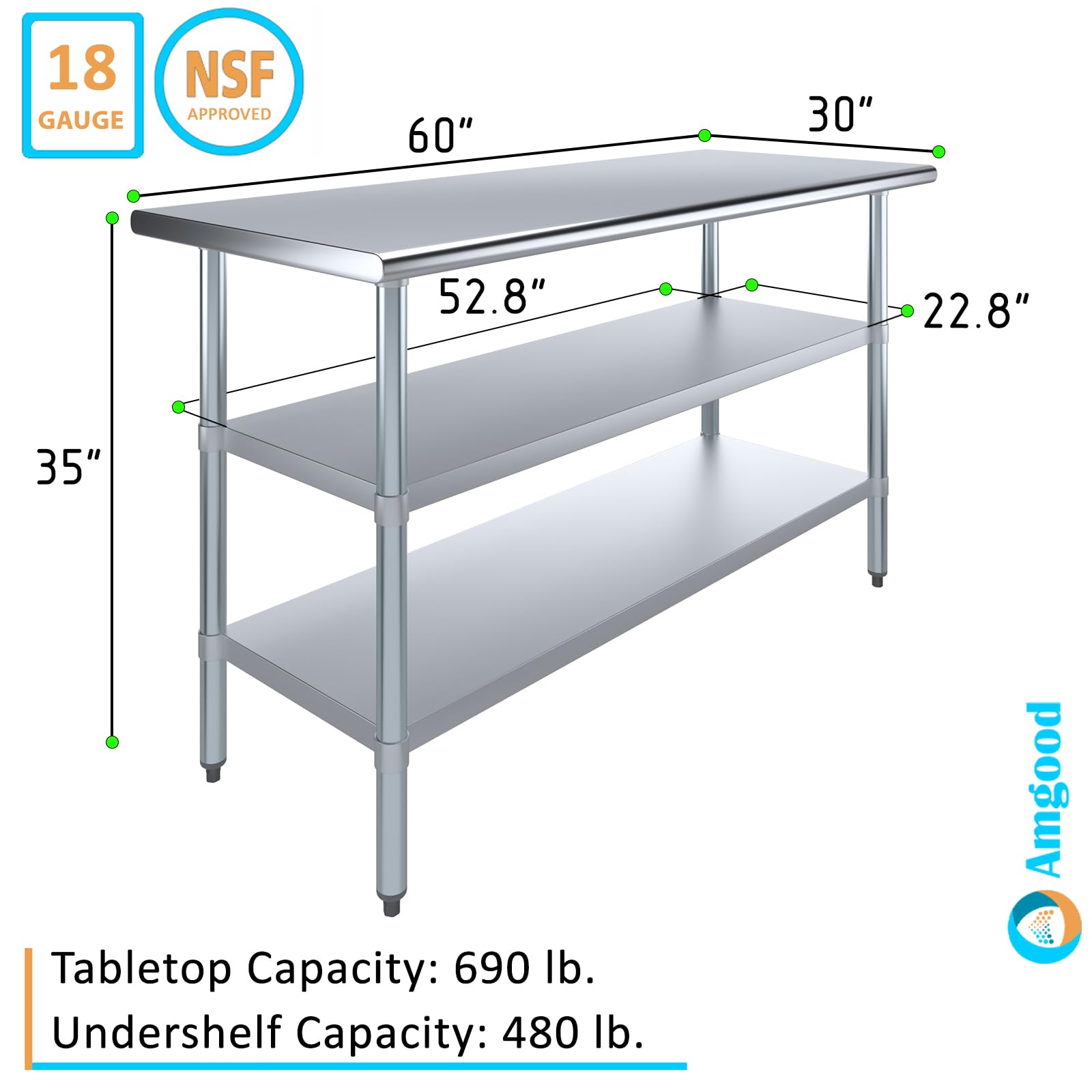 60" Long X 30" Deep Stainless Steel Work Table with 2 Shelves | Metal Food Prep Station | Commercial & Residential NSF Utility Table
