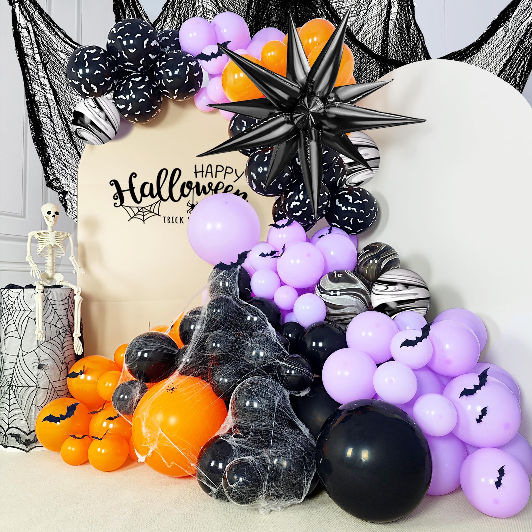 187pcs Halloween Balloon Garland Arch Kit, Halloween Decorations Party Supplies, Large Size Halloween Balloon Garland with Halloween 3D Bat Sticker, Halloween Spider Web