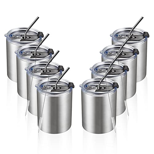 MEWAY 12oz/8Pack Coffee Mug With Lid, Insulated Stainless Steel Reusable Coffee Cup, Double Wall Durable Coffee Mug, Powder Coate,For Coffee, Beer, Home, Office(Silver,8 Pack)