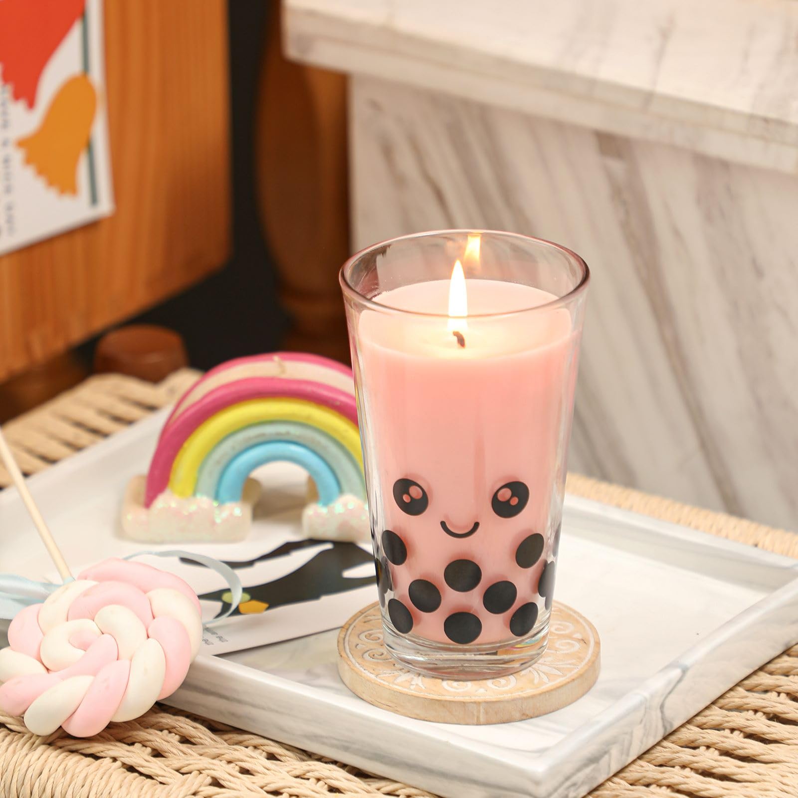 12oz Strawberry Boba Tea Scented Candle, Bubble Tea Pink Candle, Cute Boba Pearls Milk Tea Candle, Funny Food Candles Gift for Boba Lover