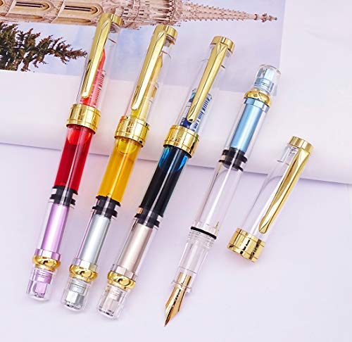 Asvine Piston Fountain Pen Yongsheng 3008A Gold Plated Fine Nib, Transparent Gold Trim 4 Colors Set