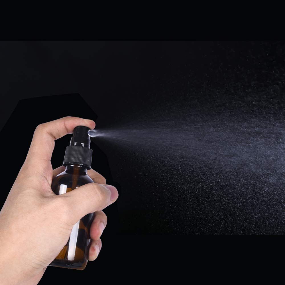 12 Pack, HwaShin 2oz Amber Glass Spray Bottles with Black Fine Mist Sprayers for Essential Oils, Perfumes & Aromatherapy (1 Brush, 2 Funnels, 3 Droppers, 2 Extra Nozzles, 24 Pieces Labels Included)