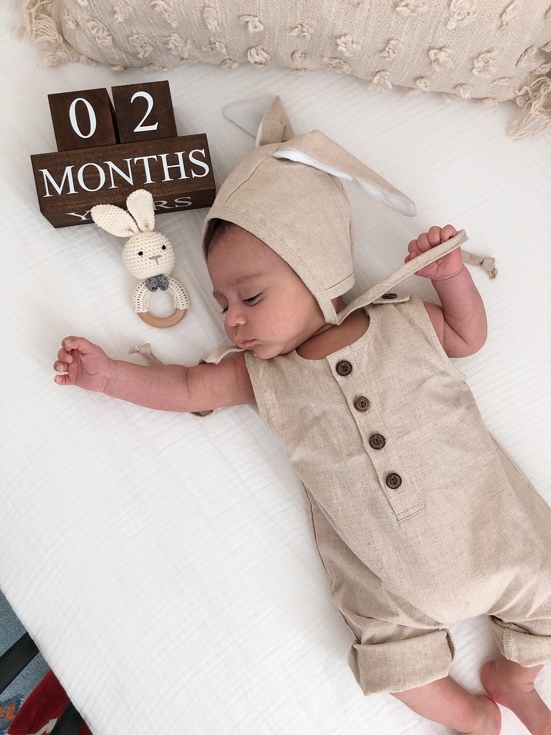 Baby Bunny Hat Bonnet Country Vintage Cotton Linen w/Velvet Rabbit Ears Easter Bonnet Hat (as1, Age, 0_Month, 3_Months, Camel Linen Velvet Bunny)