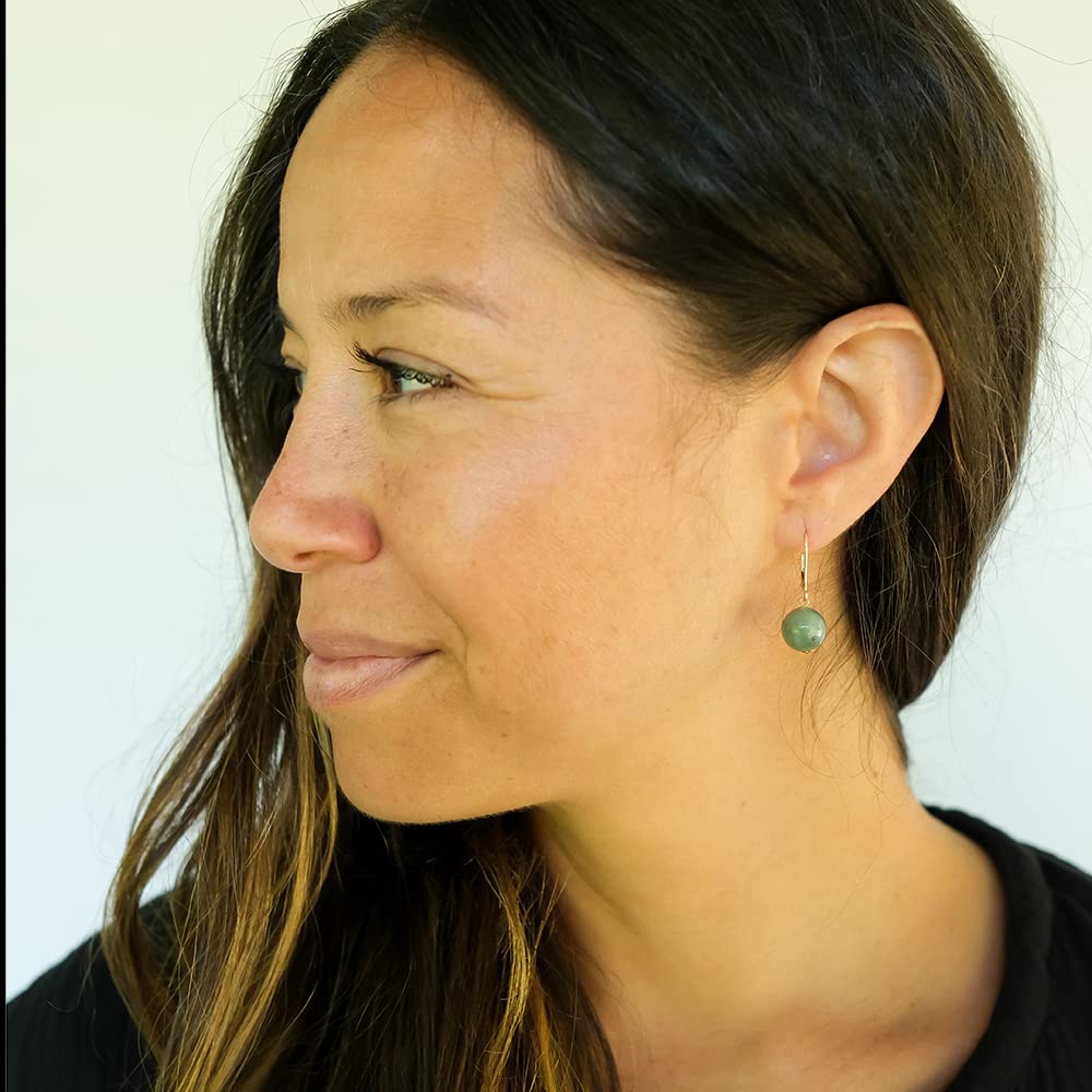 14K Yellow Gold Real 10mm Jade Leverback Earrings (Green Jade)