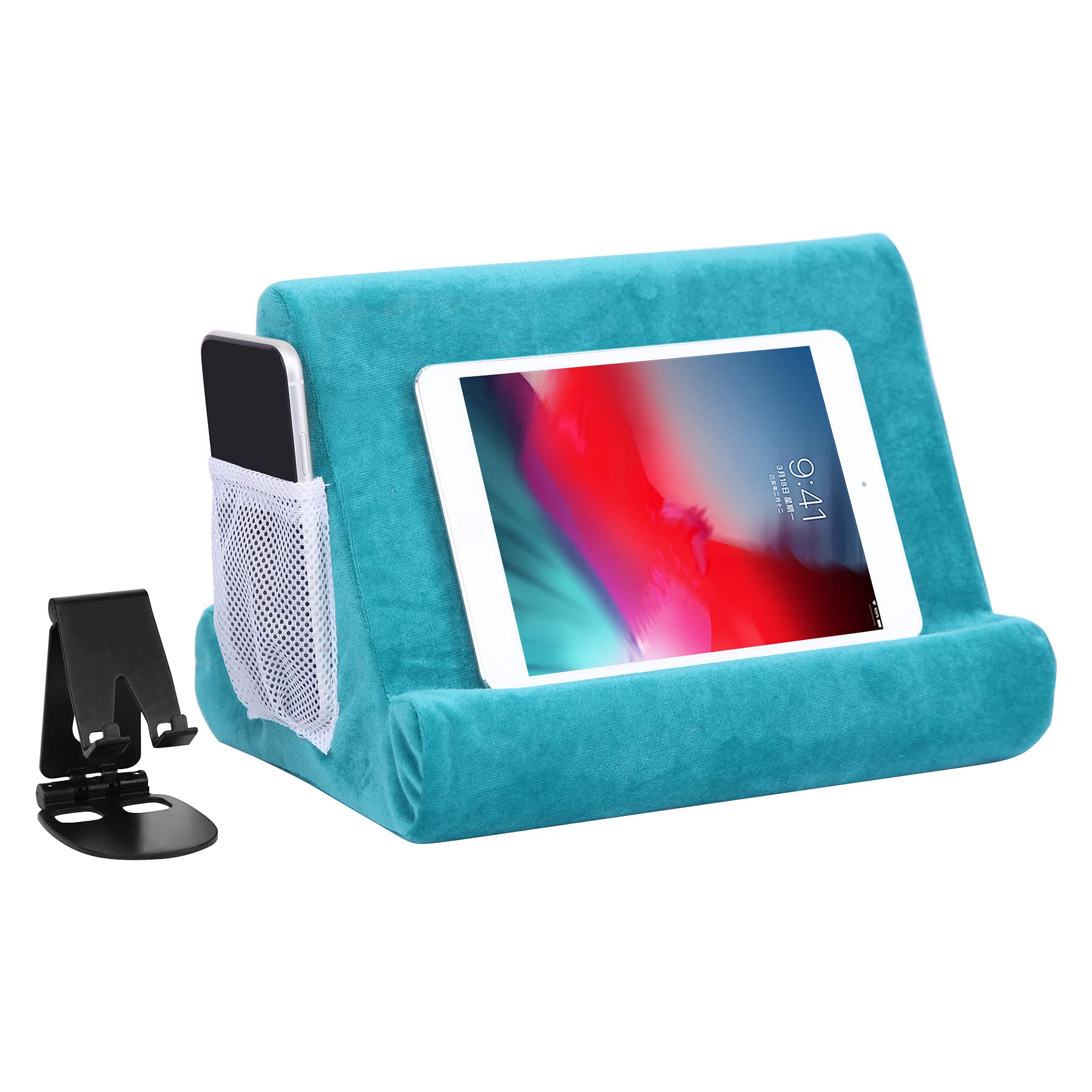 2pcs Multi-Angle Tablet Holder Cushion Stand with Net Pocket & Black Color Phone Stands Upgraded Tablet Pad Support for Phone,Pad,Books (Lakeblue)
