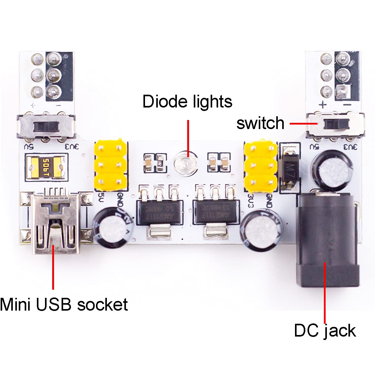 DKARDU DC 5V/3.3V 2 Channel Breadboard Power Module Mini USB Interface+ MB-102 Breadboard+Solderless Flexible Breadboard Jumper Wires Cable with Mini USB Cable for Arduino