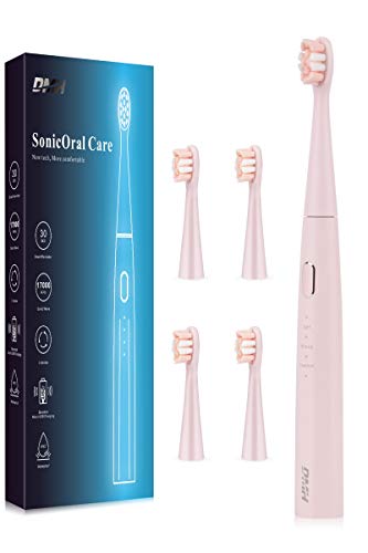 DMH Electric Toothbrush, Sonic Electric Toothbrush Powerful Cleaning, Rechargeable Travel Toothbrush with 4 Brush Heads, 3 Modes, 4 Hour Fast Charge for 60 Days Use, Pink