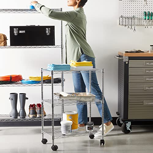 Amazon Basics 3-Shelf Adjustable, Heavy Duty Storage Shelving Unit on 4'' Wheel Casters, Metal Organizer Wire Rack, Chrome, 23.2"L x 13.4"W x 32.75"H