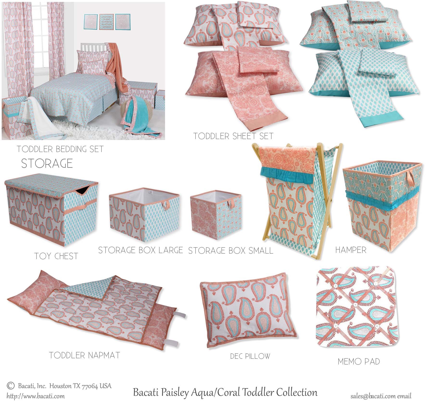 Bacati - Paisley Kids Storage (Laundary Hamper with Wooden Frame and Mesh Liner, Coral/Aqua)