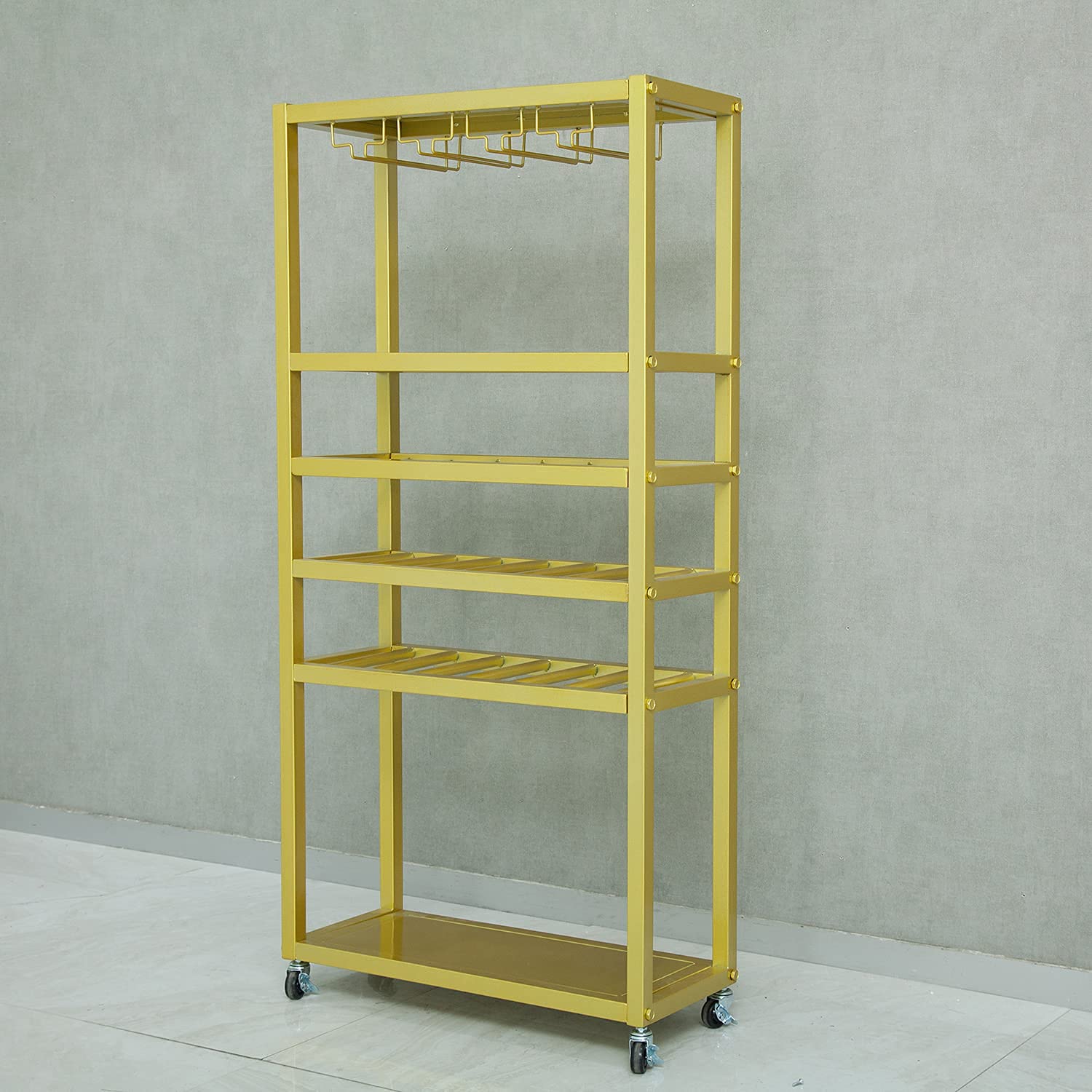 18 Bottles Metal Wine Rack 6-Tier Free Standing Wine Holder with Glass Holder, Heavy Duty Wine Bottle Organizer with Storage Shelf, Display Stand Rack with Wheels, Gold, 23.6''L x 9.8''W x 47.2''H