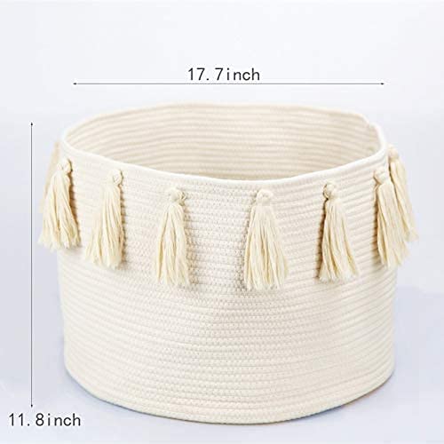 ABETREE Tassel Woven Storage Laundry Basket 17.7" x 11.8" with Handle Cotton Hamper Nursery Basket Blanket Baby Toy Storage Organizer
