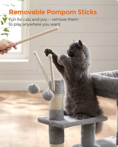 Feandrea Cat Tree, Small Cat Tower with Padded Perch, Cat Cave, 3 Pompoms, Cat Activity Center, Light Gray UPCT121W01