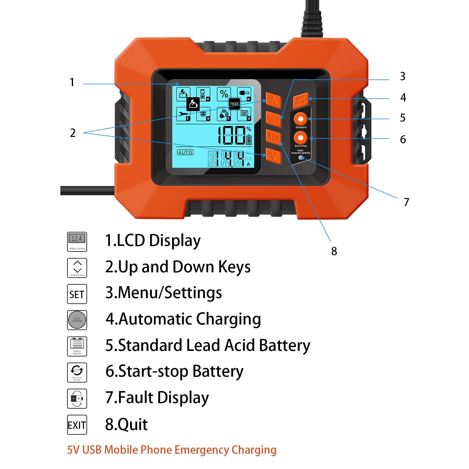 12-Amp Car Battery Charger, 12V Fully Automatic Smart Charger, Battery Maintainer Trickle Charger for Car, Motorcycle, Lawn Mower, Boat Marine