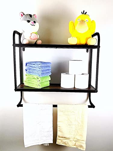 2-Tier Bathroom Shelves Wall Mounted,23.6"L x 7.87"W x 22.8"H, Rustic Wall Shelf Over Toilet,Towel Rack with Towel Bar,Utility Storage Shelf Rack, Floating Shelves Towel Holder,Retro Black