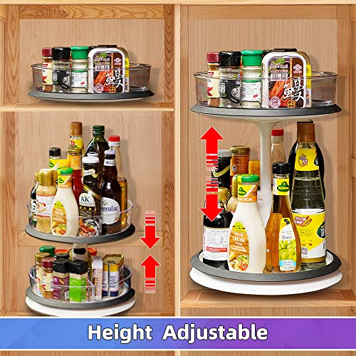 2-Tier Lazy Susan Turntable and Height Adjustable Cabinet Organizer with 1x Large Bin and 3 x Divided Bins, Removable, Clear Spice Rack