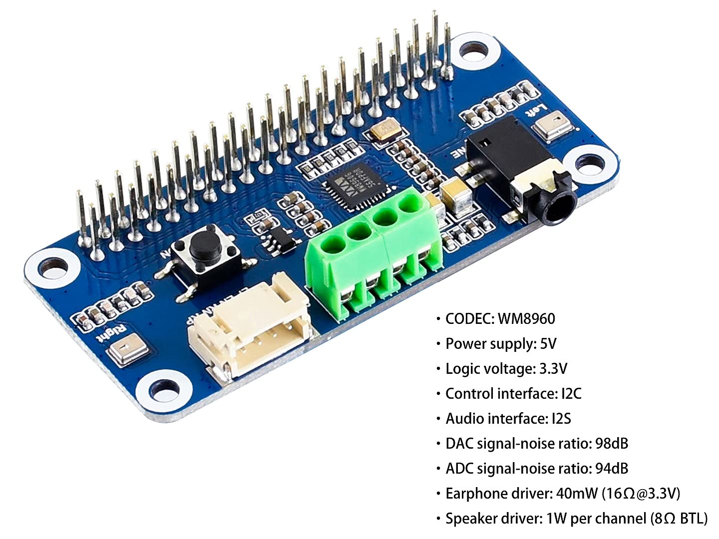 WM8960 Audio HAT Module for Raspberry Pi 4B/3B+/3B/2B/B+/A+/Zero/Zero W/Pi Zero WH,WM8960 Hi-Fi Sound Card HAT Stereo CODEC, Play/Record