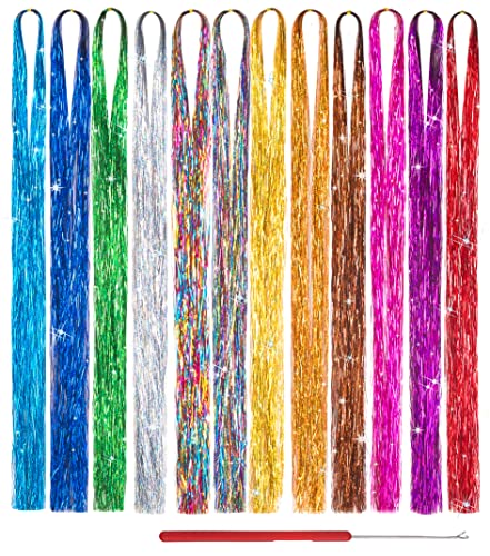 47 Inch 12 Colors Hair Tinsel 2400 Strands With Tool Sparkling Dazzle Glitter Shiny Hair Extensions Hair Tinsel Kit