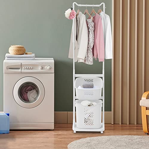 2-Tier Plastic Laundry Basket Laundry Hamper, Clothes Hamper with a thickened handle Shelf + Wheels Clothes Hamper Stands Up Well,Scope Of Application Bedroom/Balcony/Laundry Table(Off-White