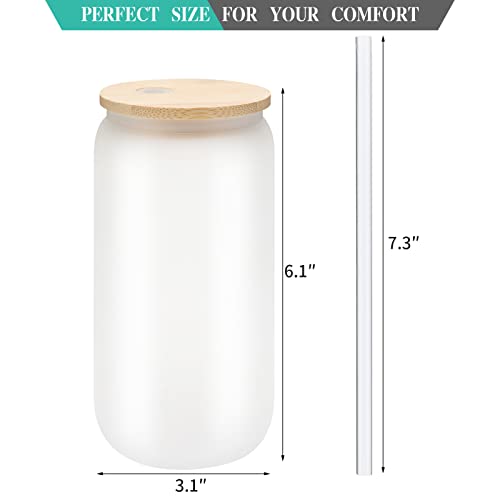8 Pack Sublimation Glass Cans Frosted Sublimation Beer Can Glass with Bamboo Lids Borosilicate Glasses Tumbler Mason Jar Cups Mug with Plastic Straw for Beer, Juice, Soda, Iced Coffee, Drinks 18oz