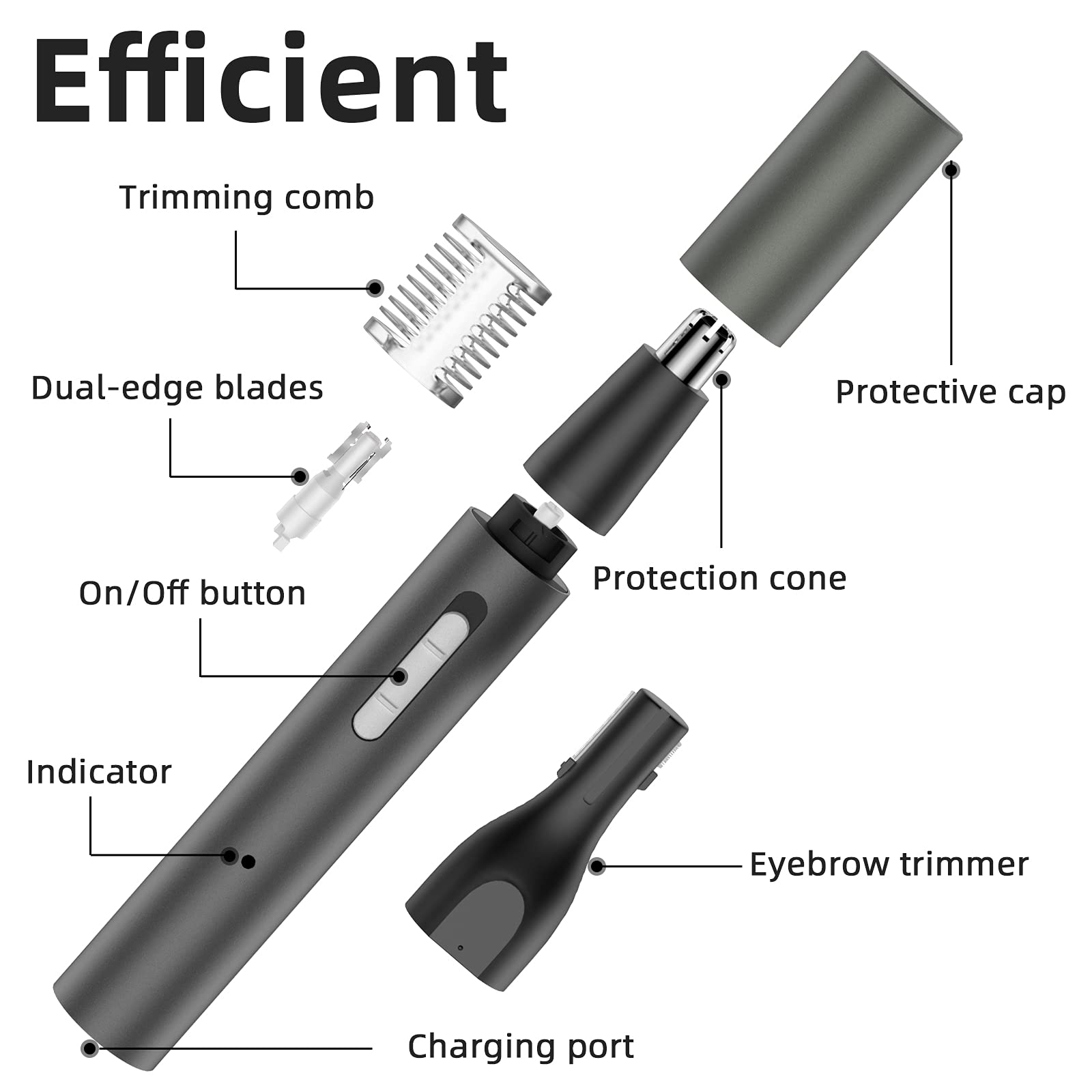 Nose Hair Trimmer and Eyebrow Trimmer, Rechargeable Professional Painless Eyebrow Razor for Ear Beard Hairline, 2 in 1 Metal Trimming Tool, Black