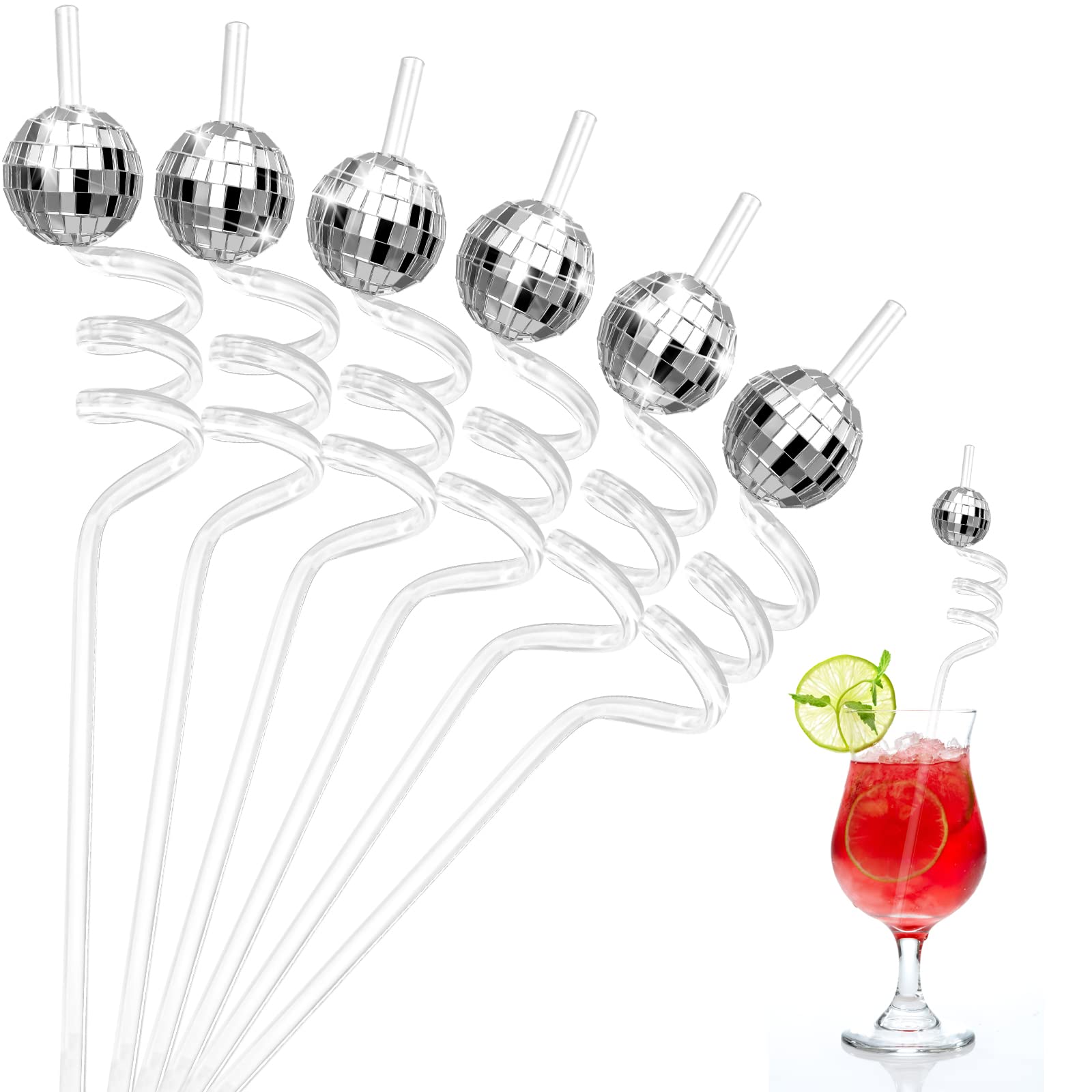12 Pieces 70s Disco Ball Straws 70s Disco Ball Cups Birthday Party Decorations Mirror Disco Decorative Straws Disco Party Retro Decorations for Dance Holiday Wedding Birthday Supplies(Silver)