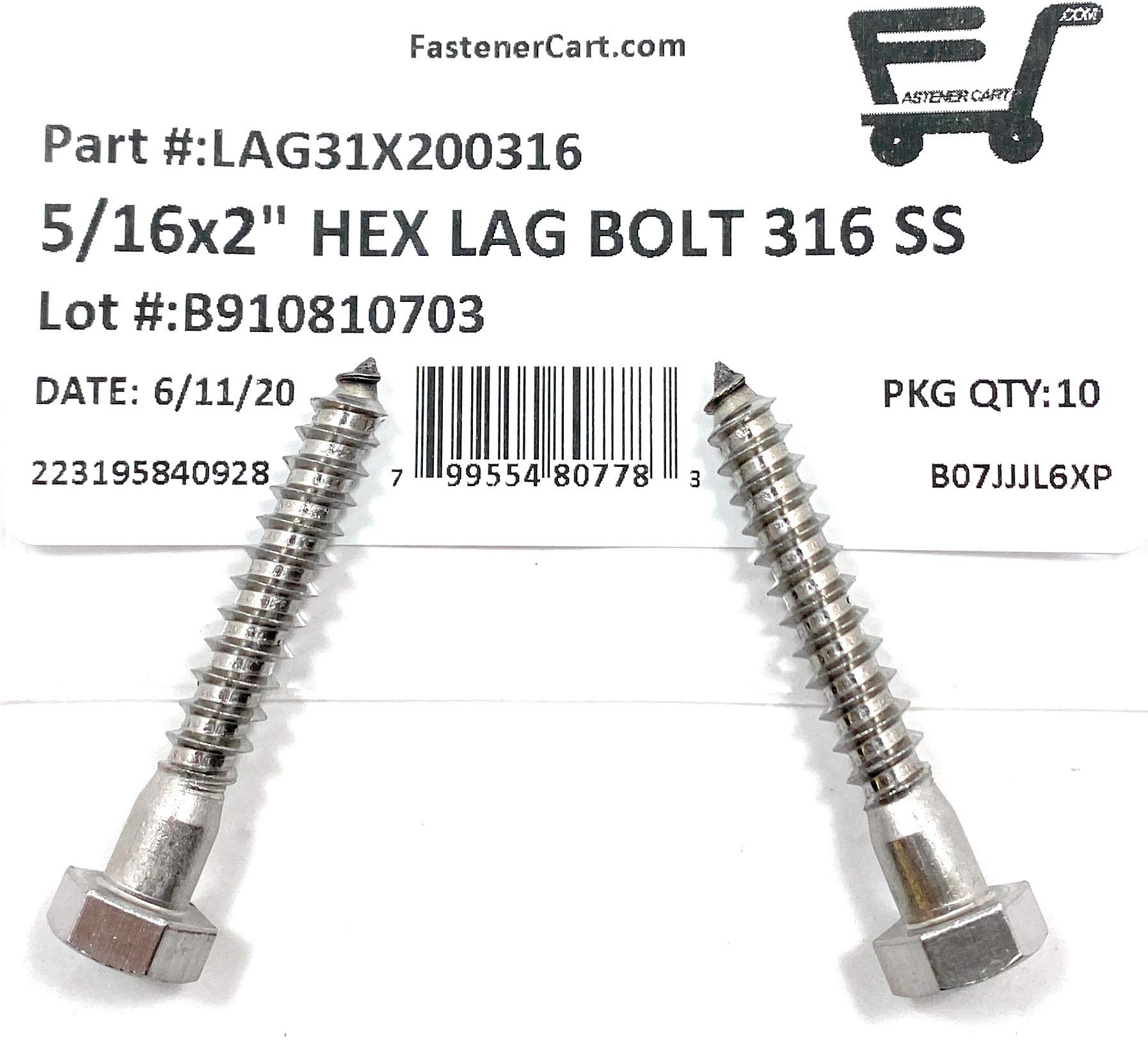 5/16 x 2 316 Stainless Steel Hex Head Lag Bolts Lag Screws Marine Grade (10 Pieces)