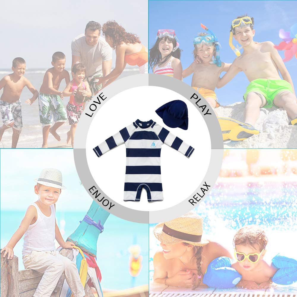 upandfast Baby/Toddler One Piece Zip Sunsuits With Sun Hat UPF 50+ Sun Protection Infant Beach Swimsuit (Stripe(LS), 3-6 Months)