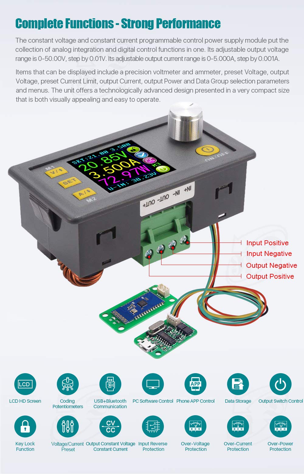 RD DPS5005 USB DC 6-55V to 0-50V 5A Constant DC DC Voltage Current Step-down Power Supply Module Buck Voltage Converter Voltmeter communication(DPS5005-USB-BT)
