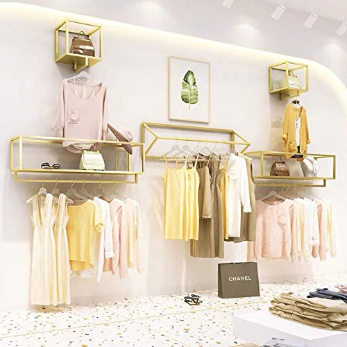 MDEPYCO Creative Square Display Garment Racks in Boutique Clothing Stores, Wall-Mounted Hanging Clothes Shelf in Home, Towel Racks for Bathroom Storage Shelves (Gold, 31.5" L)