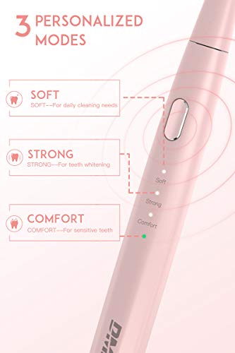 DMH Electric Toothbrush, Sonic Electric Toothbrush Powerful Cleaning, Rechargeable Travel Toothbrush with 4 Brush Heads, 3 Modes, 4 Hour Fast Charge for 60 Days Use, Pink