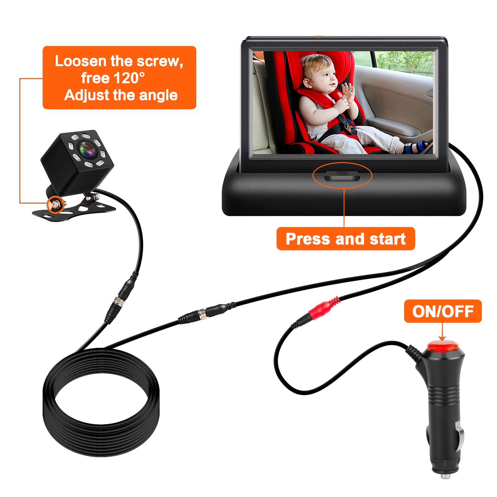 BAOHZ Baby Car Camera,4.3-Inch HD Night Vision Display, Safety Car Seat Mirror, Easily Observe The Baby's Moveat at Any Time While Driving